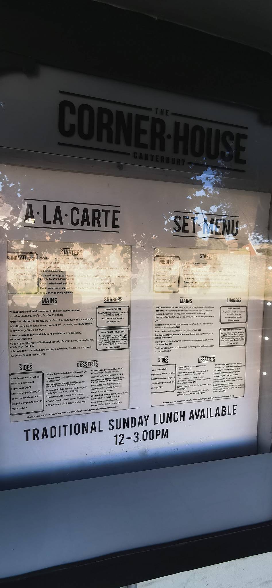 Menu at The Corner House restaurant, Canterbury