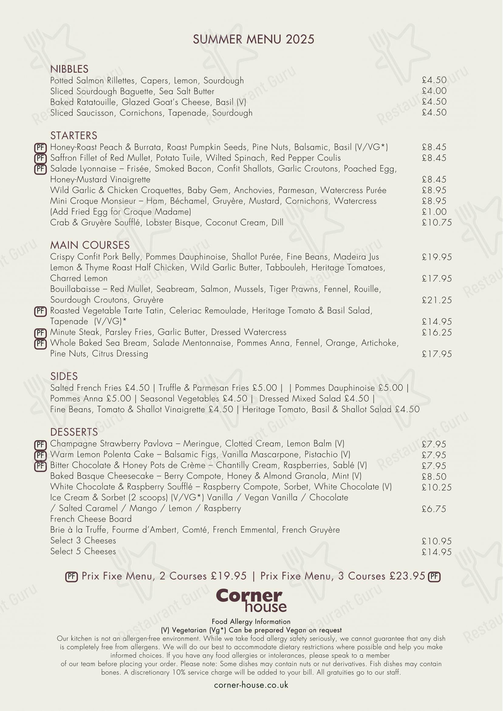 Menu at The Corner House Hotel restaurant, Taunton
