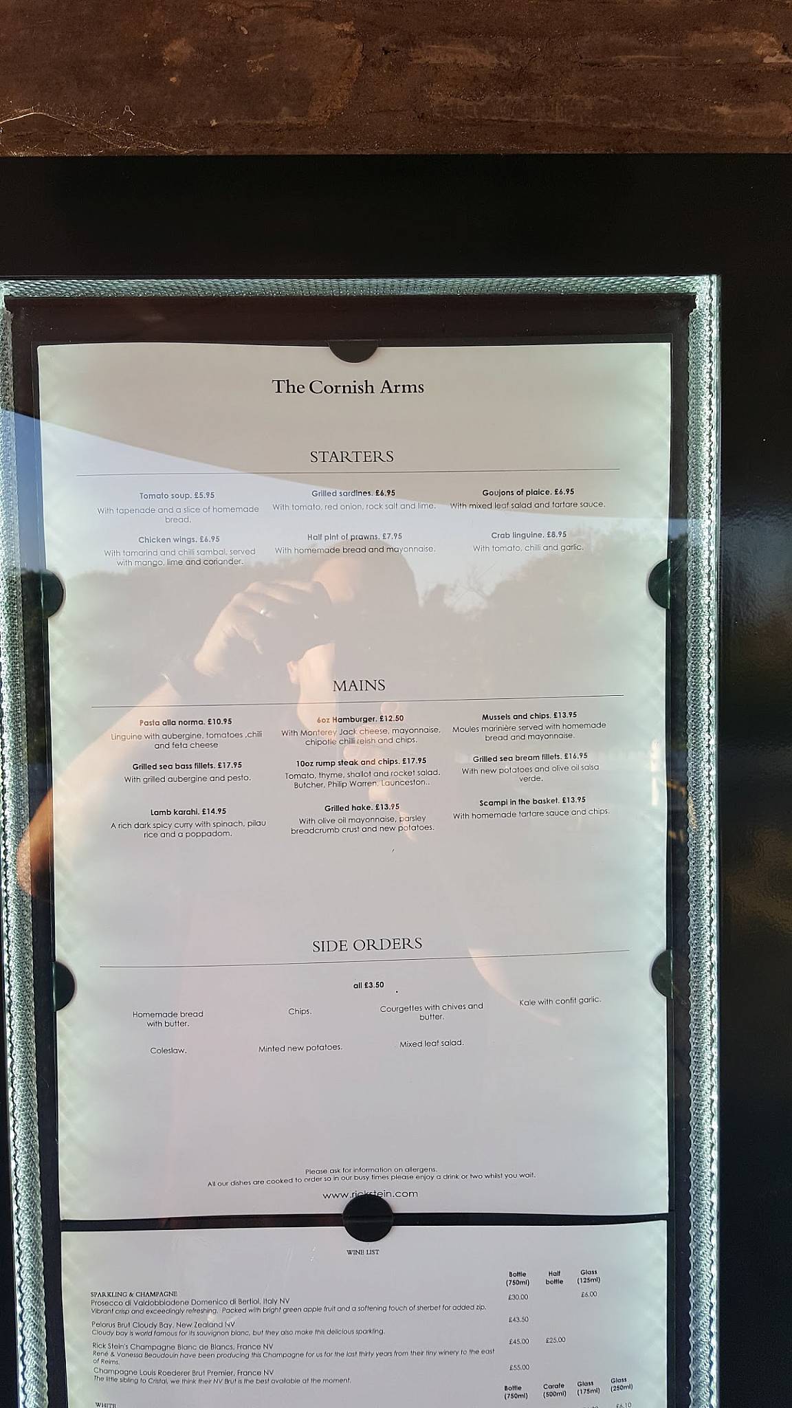 Menu at The Cornish Arms restaurant, Padstow