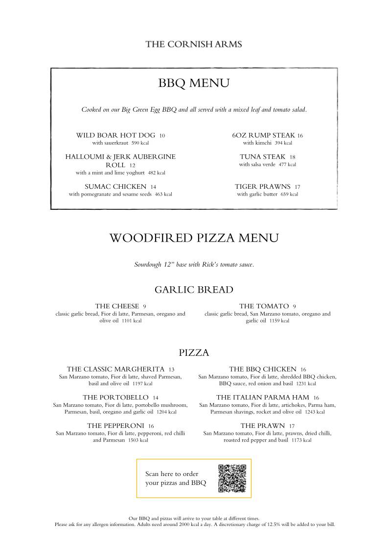 Menu at The Cornish Arms restaurant, Padstow