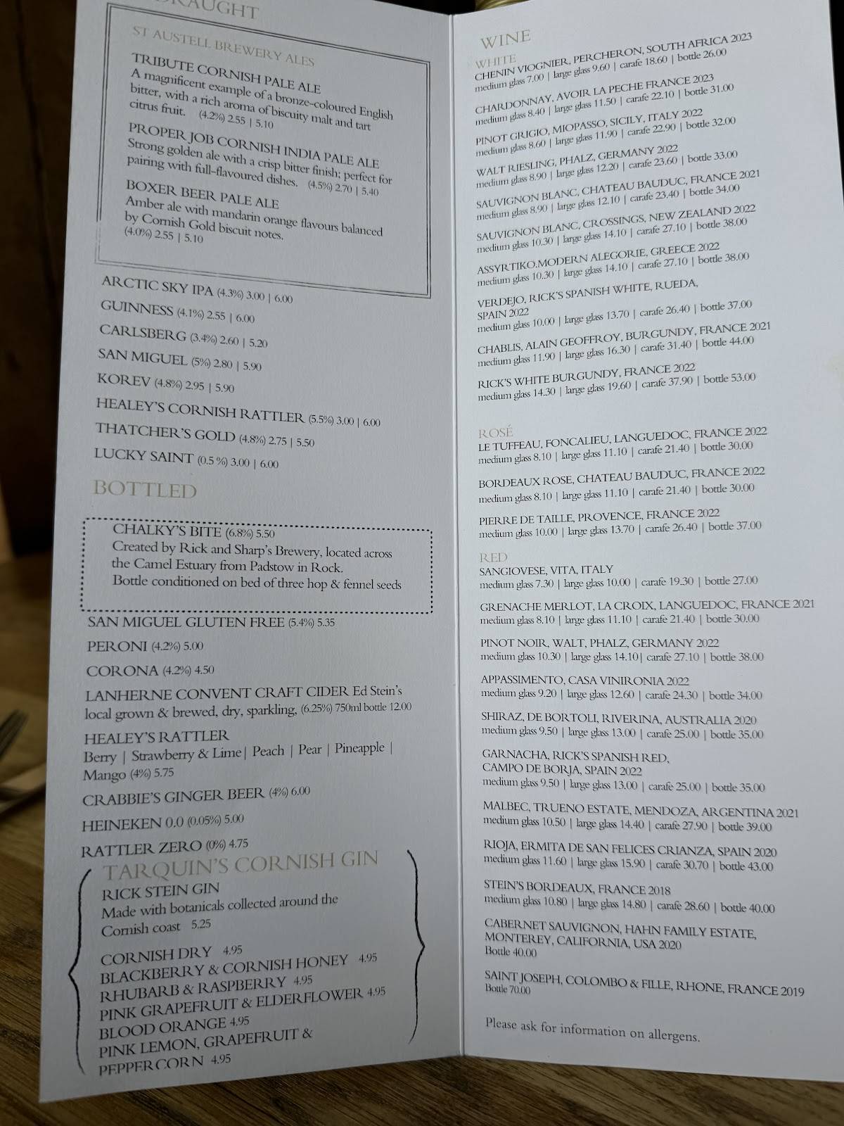 Menu at The Cornish Arms restaurant, Padstow