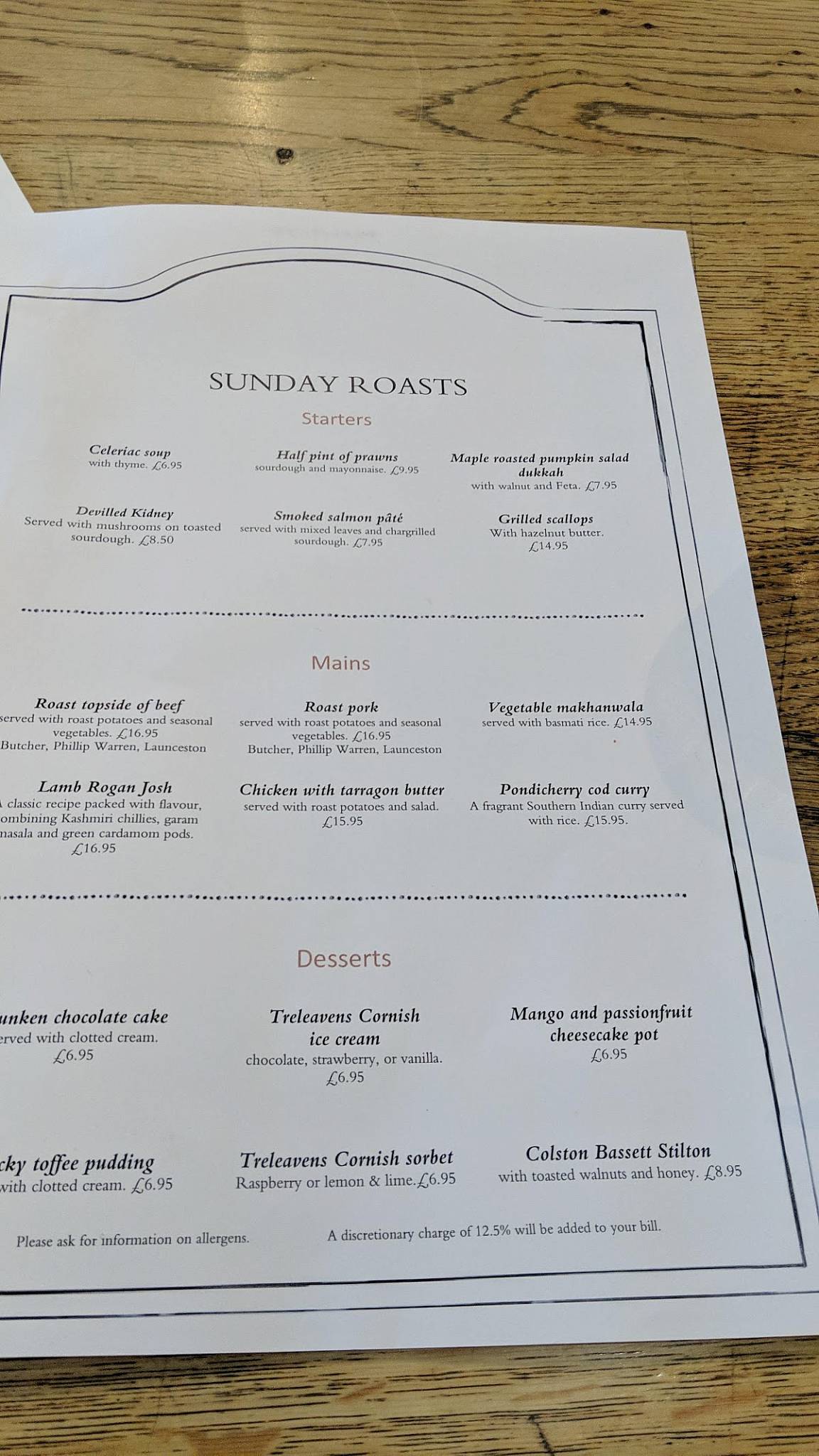 Menu at The Cornish Arms restaurant, Padstow