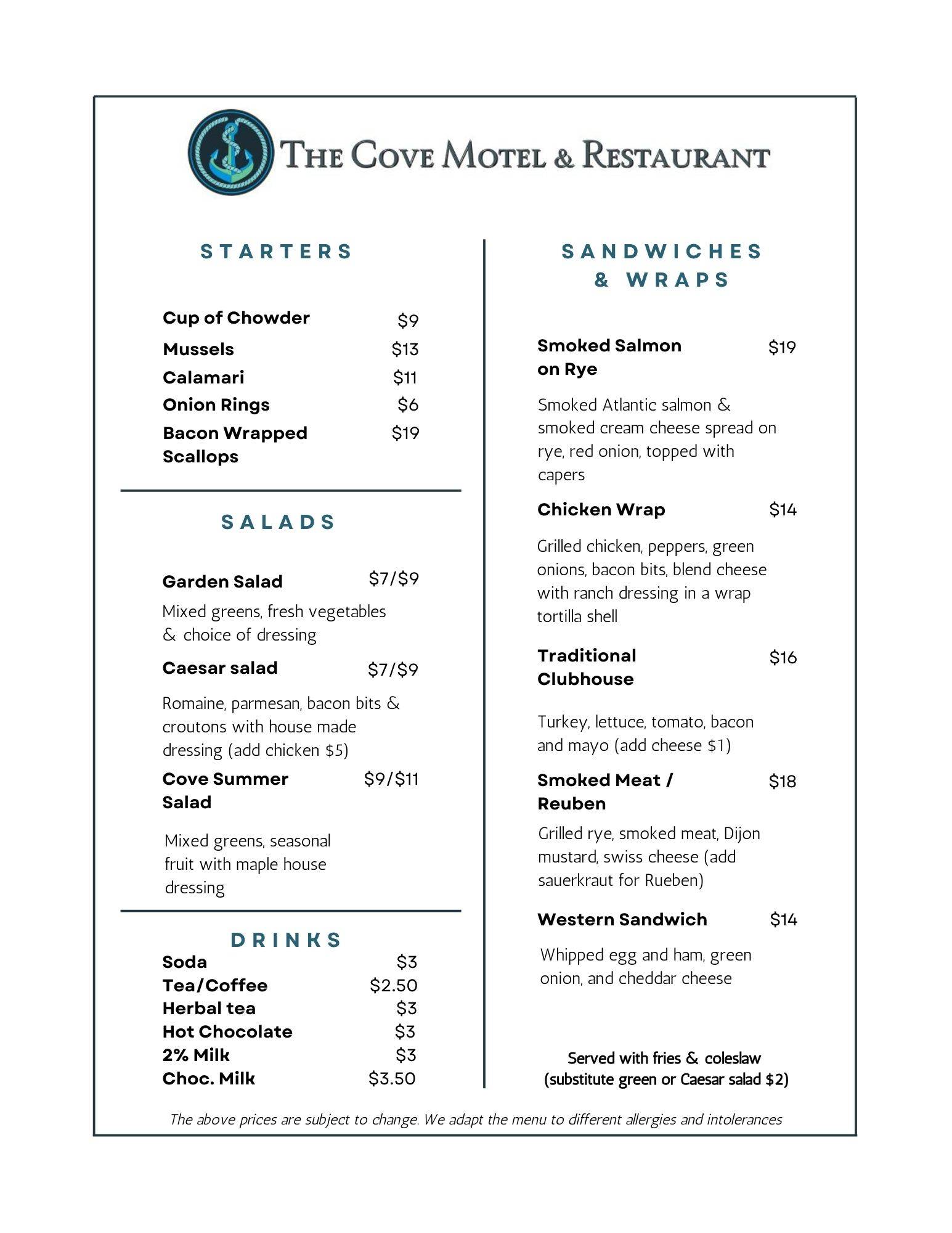 Menu at The Cove restaurant, Aulds Cove