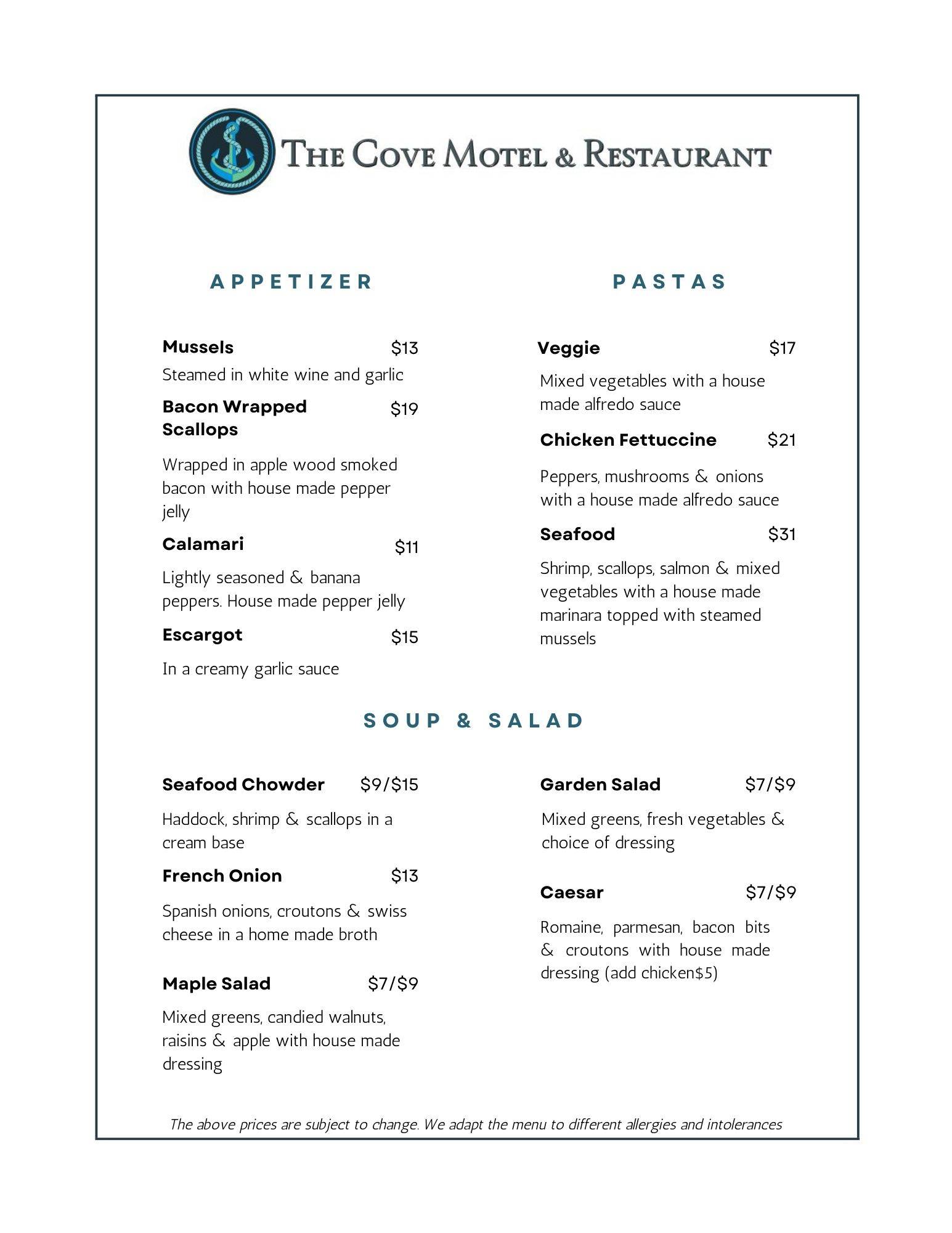 Menu at The Cove restaurant, Aulds Cove
