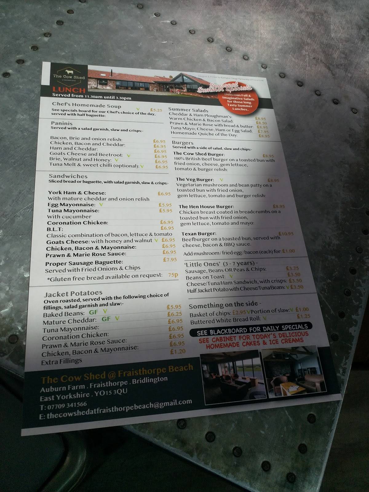 Menu at The Cow Shed At Fraisthorpe Beach cafe, Bridlington