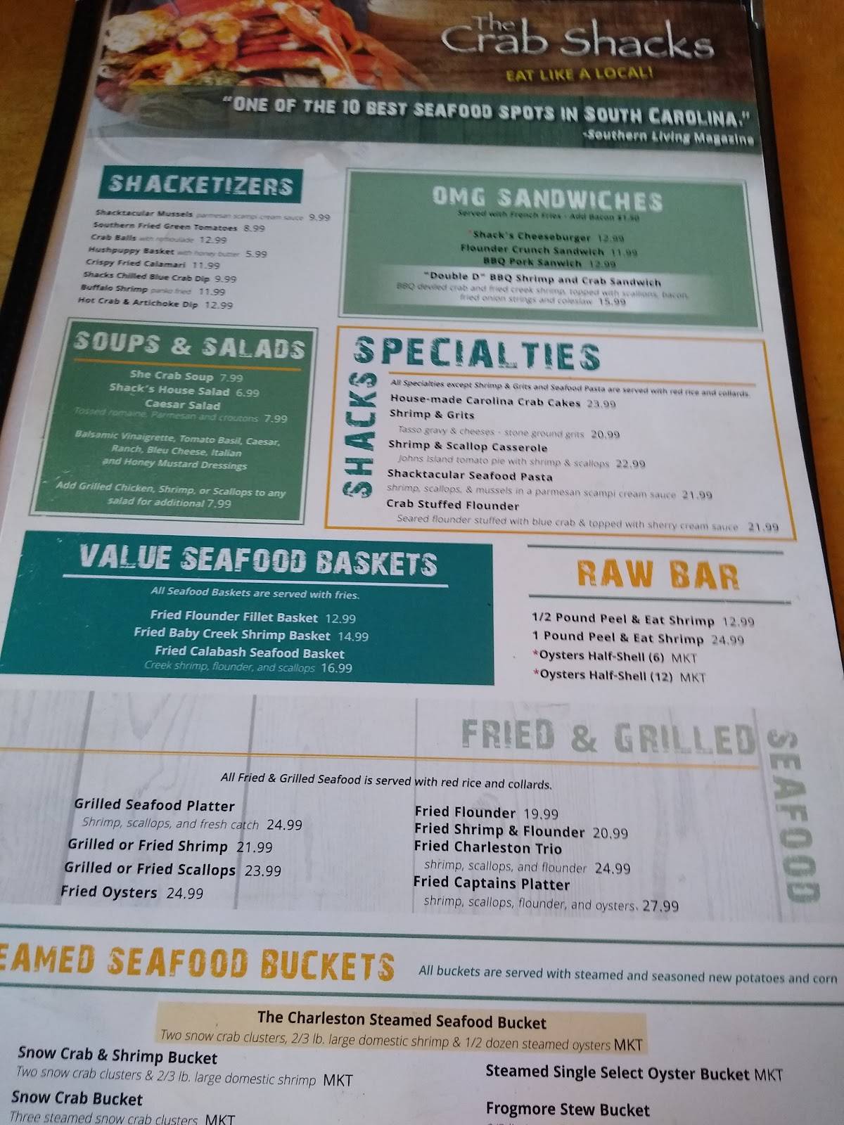 Menu at The Crab Shack restaurant, North Charleston, Dorchester Rd