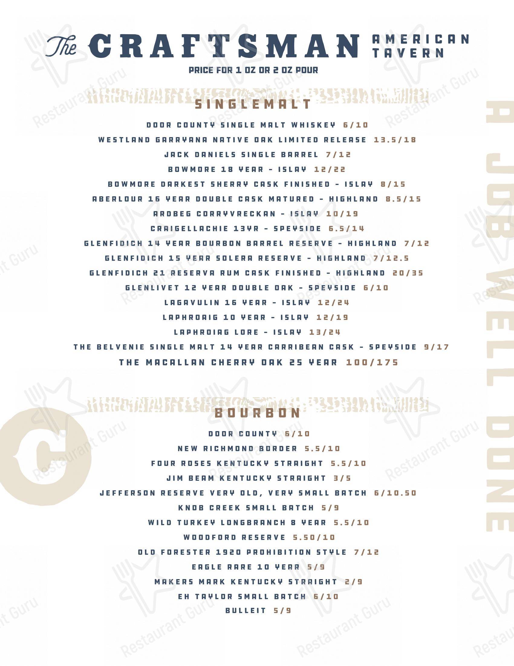Menu at The Craftsman American Tavern pub & bar, Eagle River