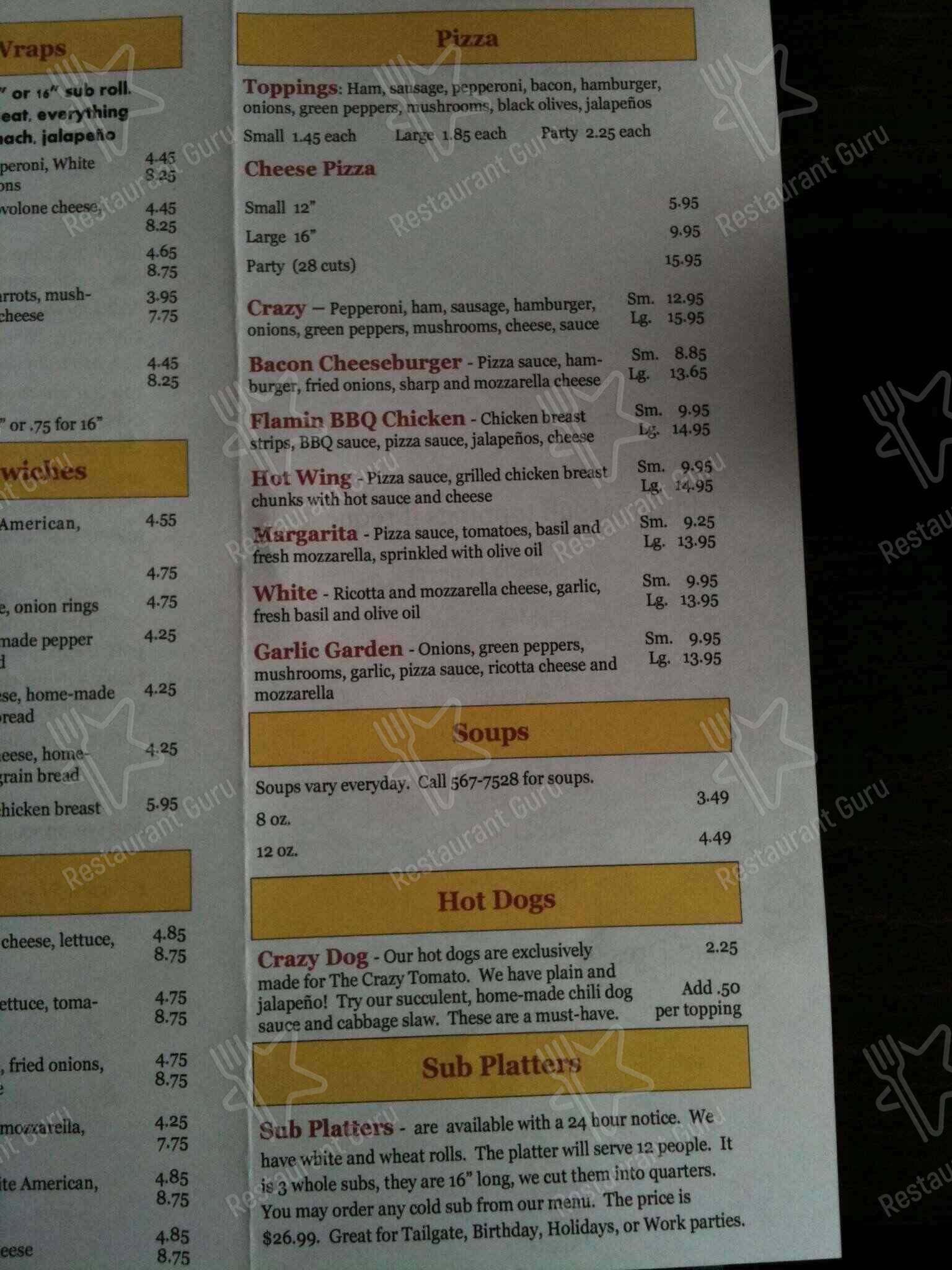 Menu at The Crazy Tomato pizzeria, Williamsport