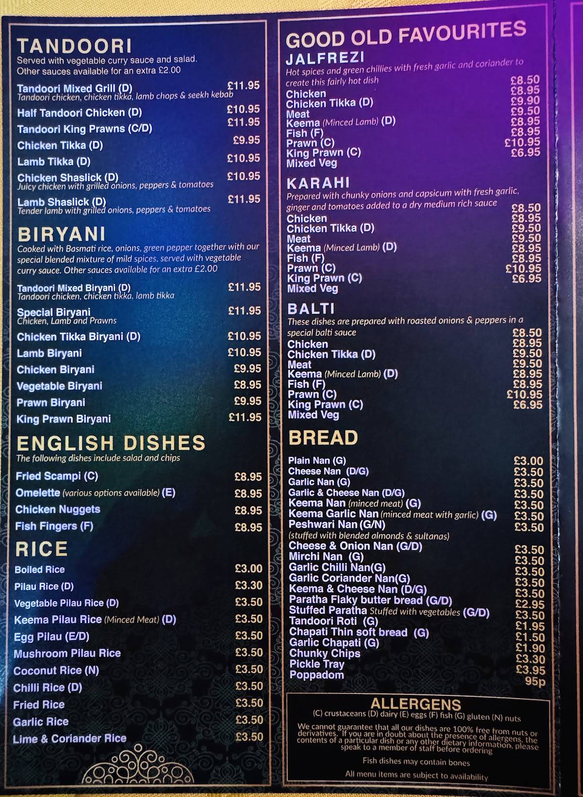 Menu at The Curry Spoon restaurant, Sheffield