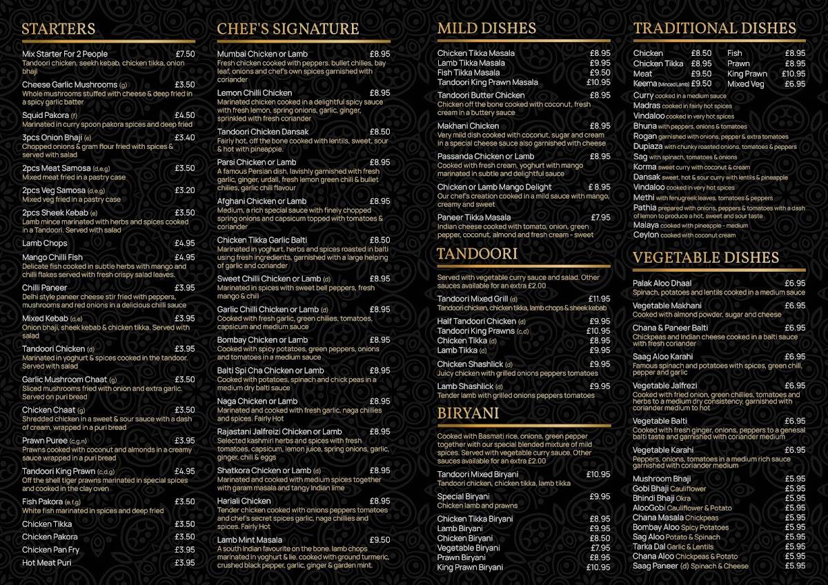 Menu at The Curry Spoon restaurant, Sheffield
