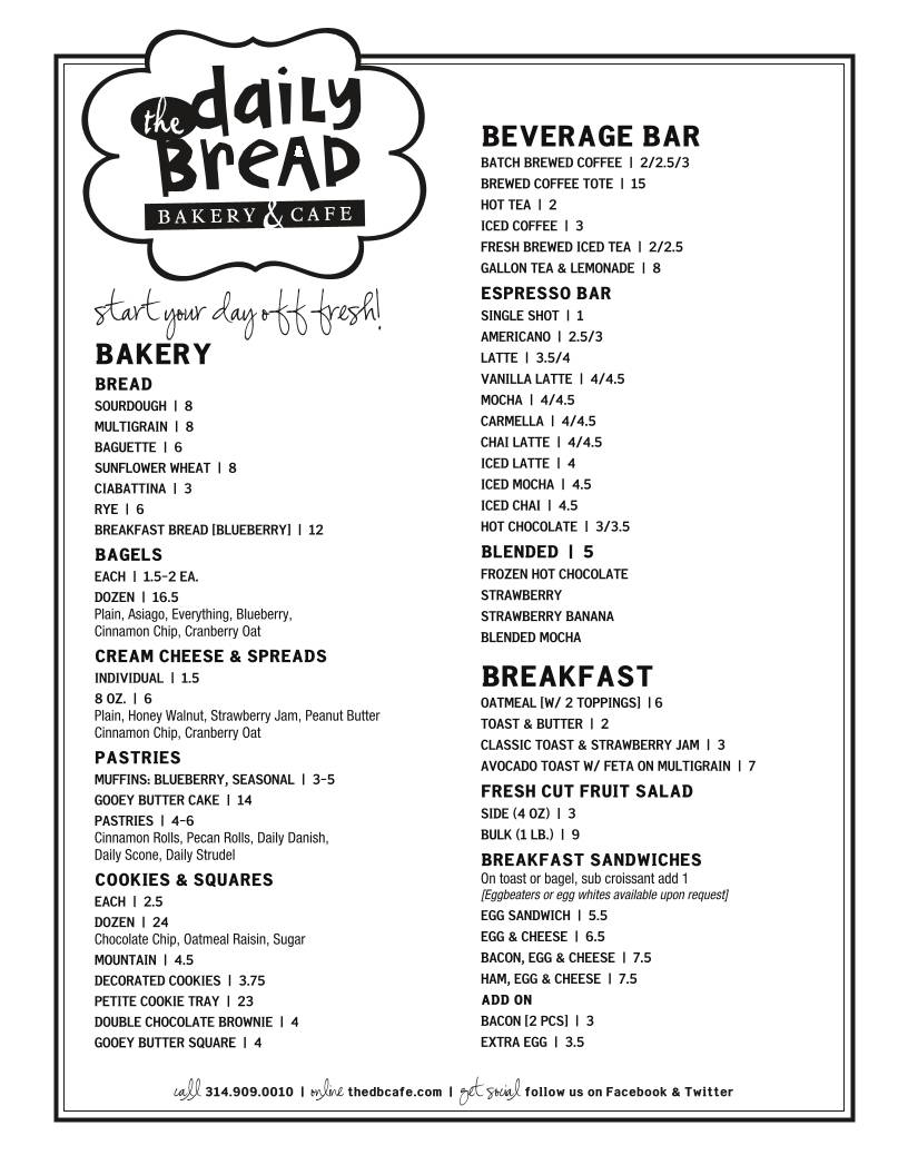 Menu at The Daily Bread Bakery & Cafe, Des Peres