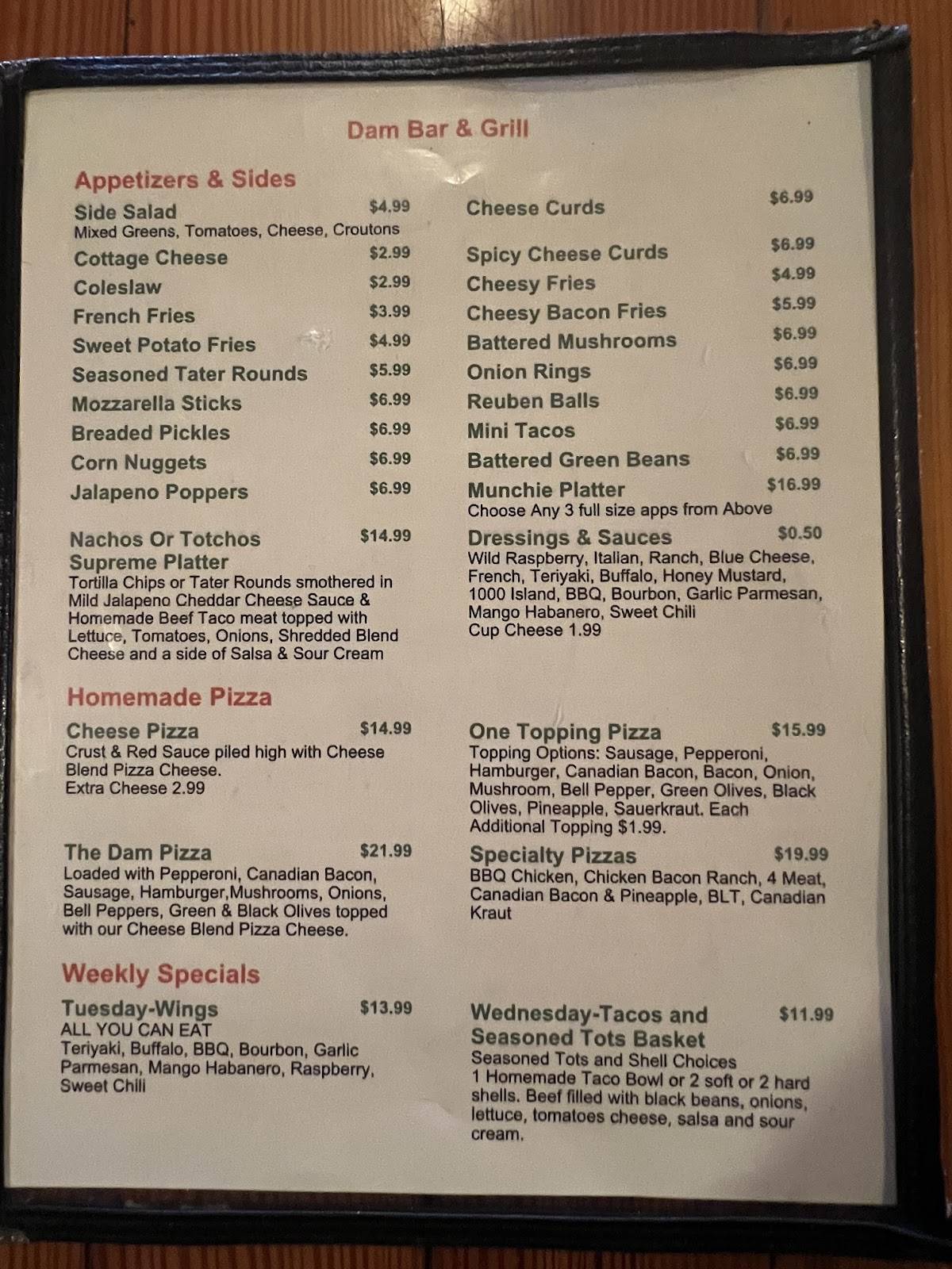 Menu at The Dam Bar & Grill, Guttenberg