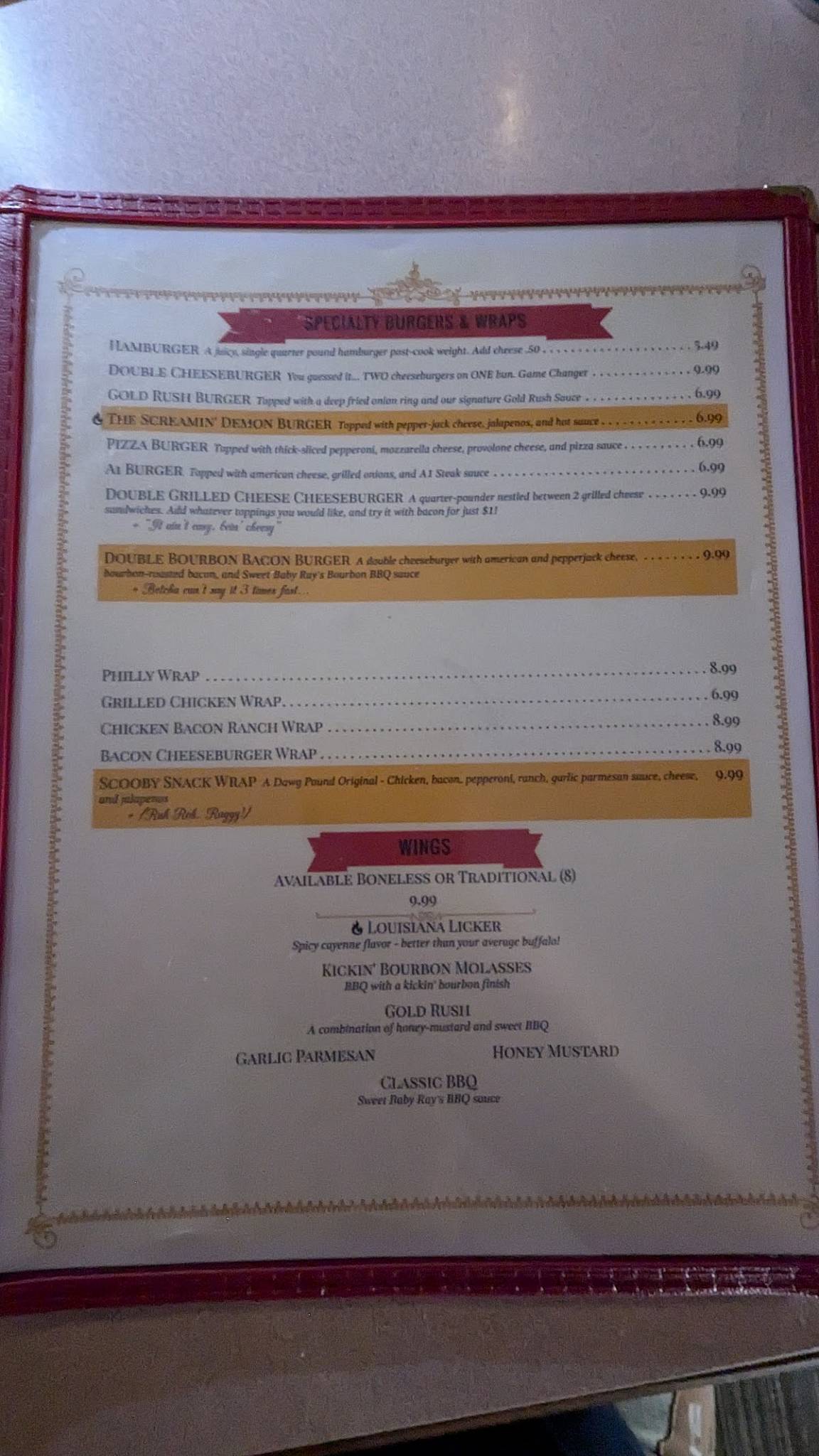 Menu at The Dawg Pound restaurant, Ravenswood
