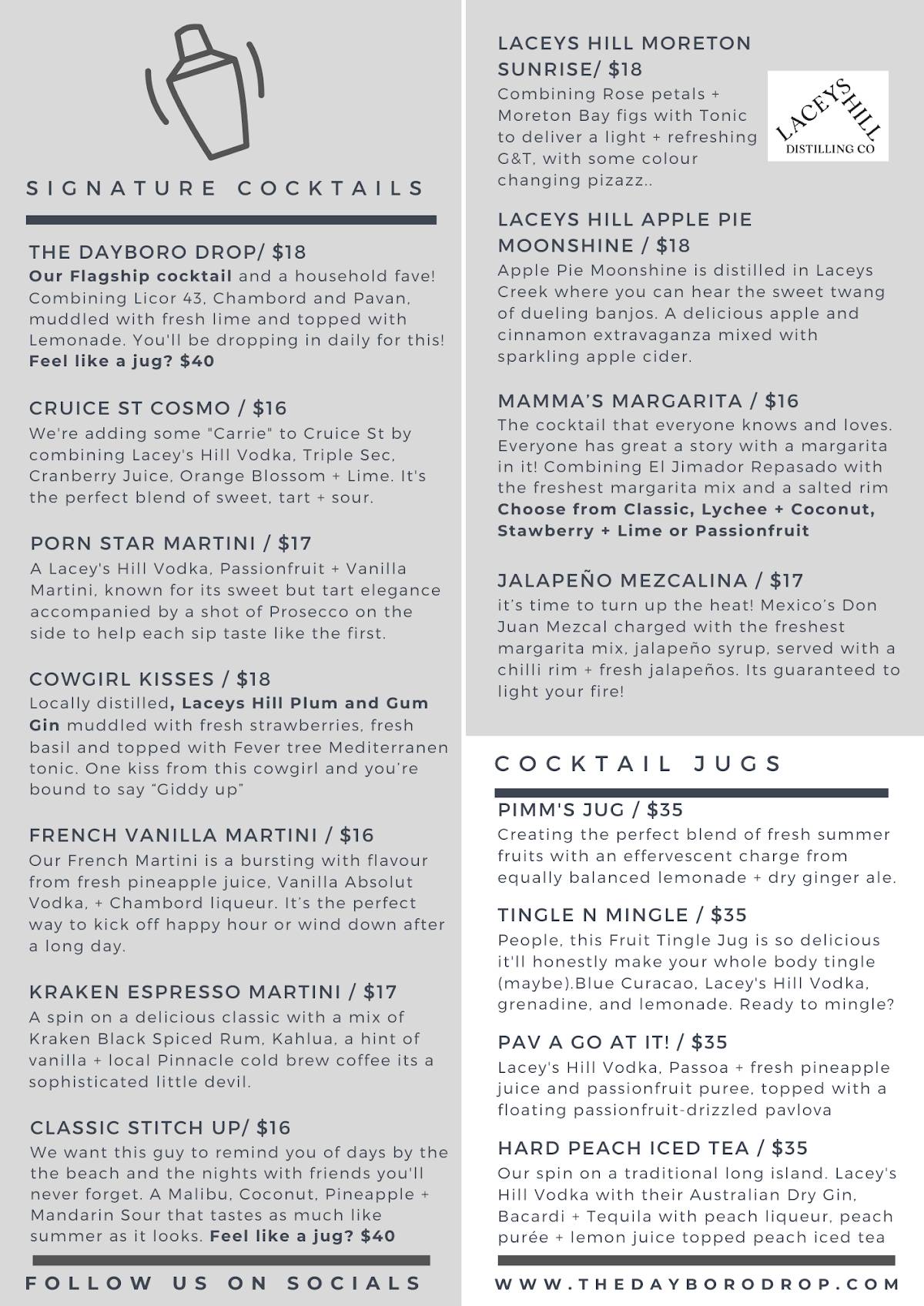 Menu at The Dayboro Drop restaurant, Dayboro
