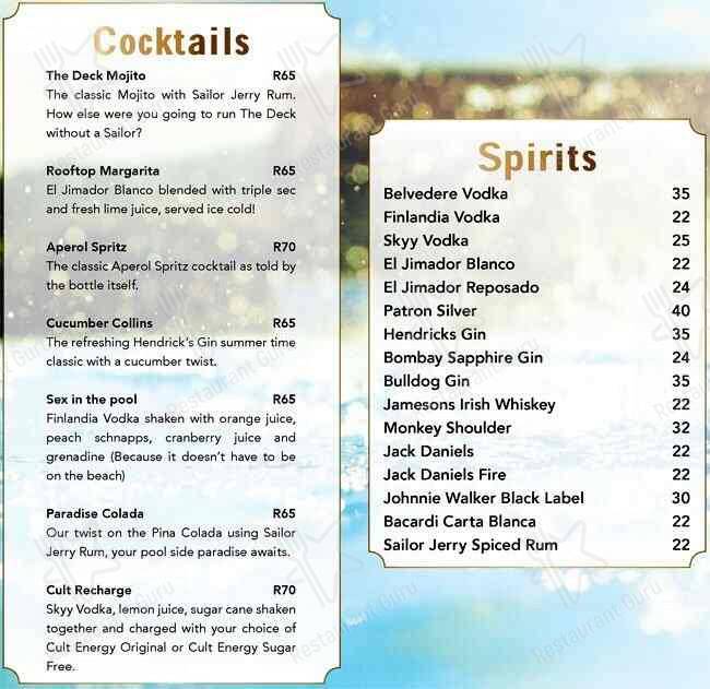Menu at The Deck Rooftop & Pool Bar, Cape Town