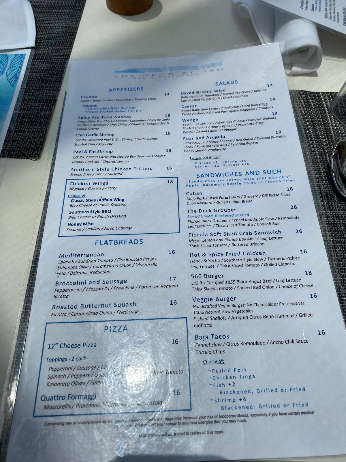 Menu at The Deck at 560 pub & bar, Marco Island