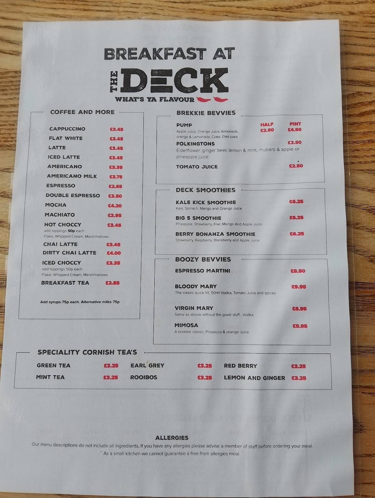 Menu at The Deck restaurant, Bude, 19 Summerleaze Cres