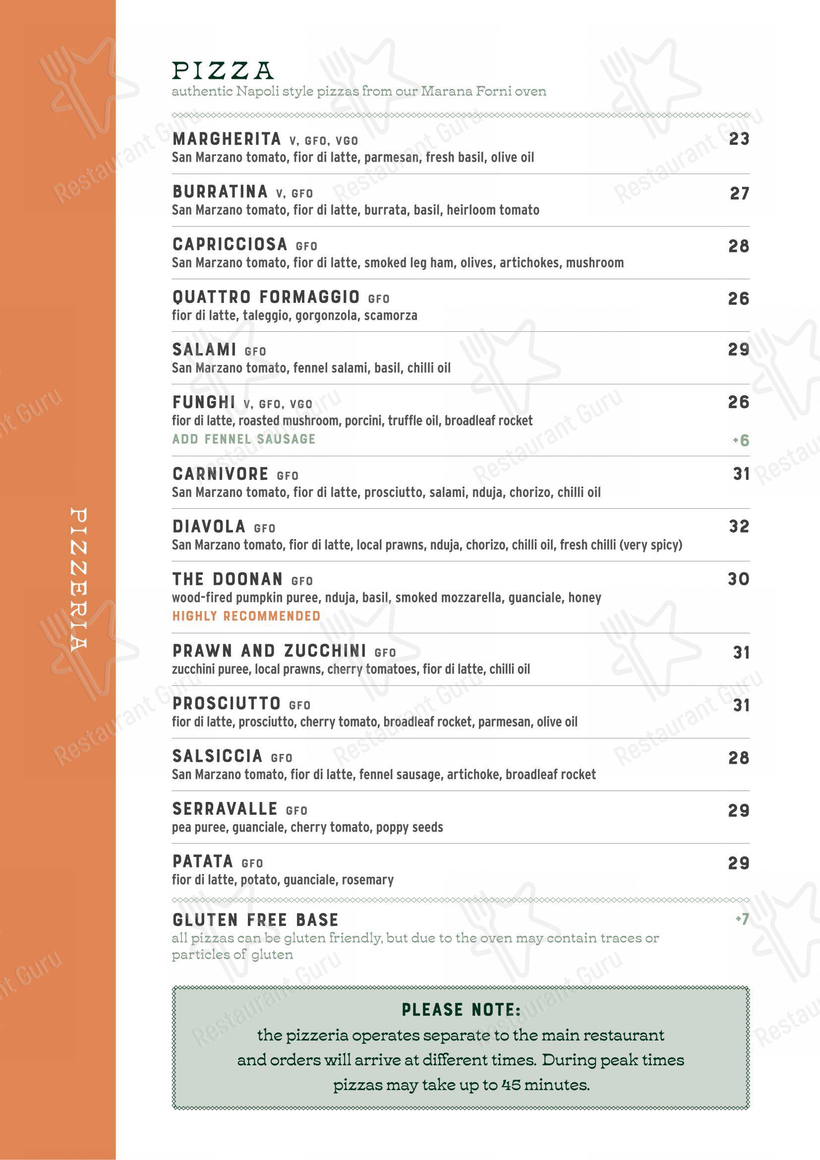 Menu at The Doonan restaurant, Australia