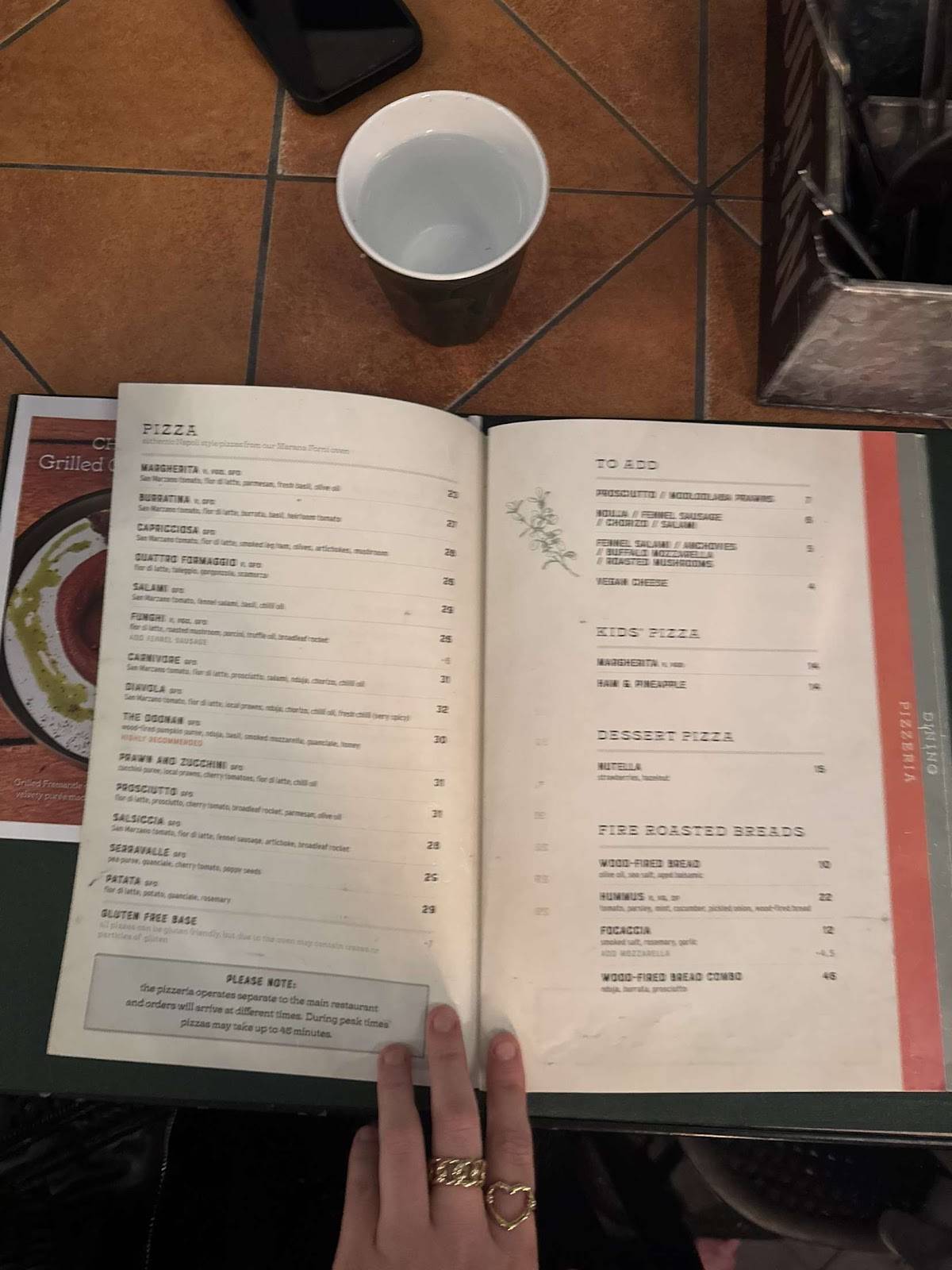 Menu at The Doonan restaurant, Australia
