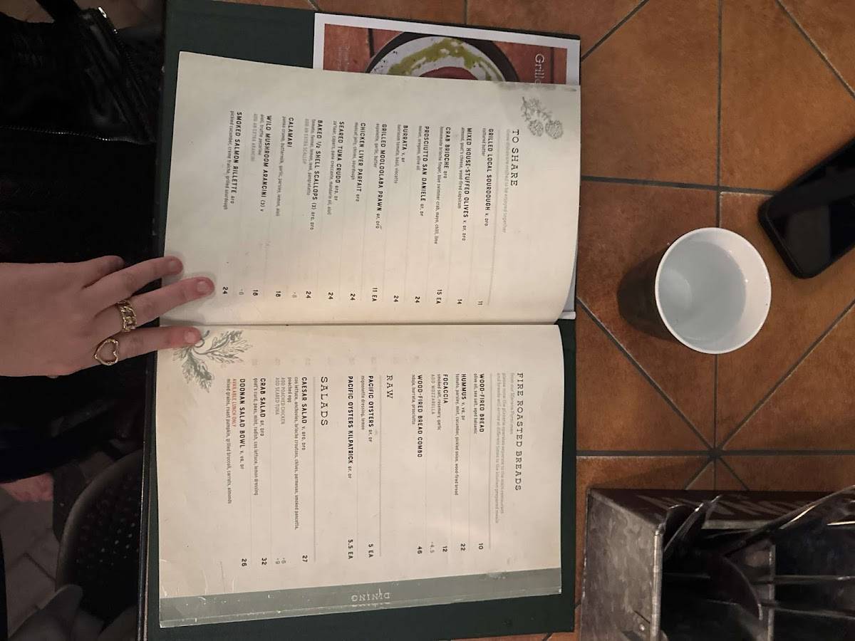 Menu at The Doonan restaurant, Australia
