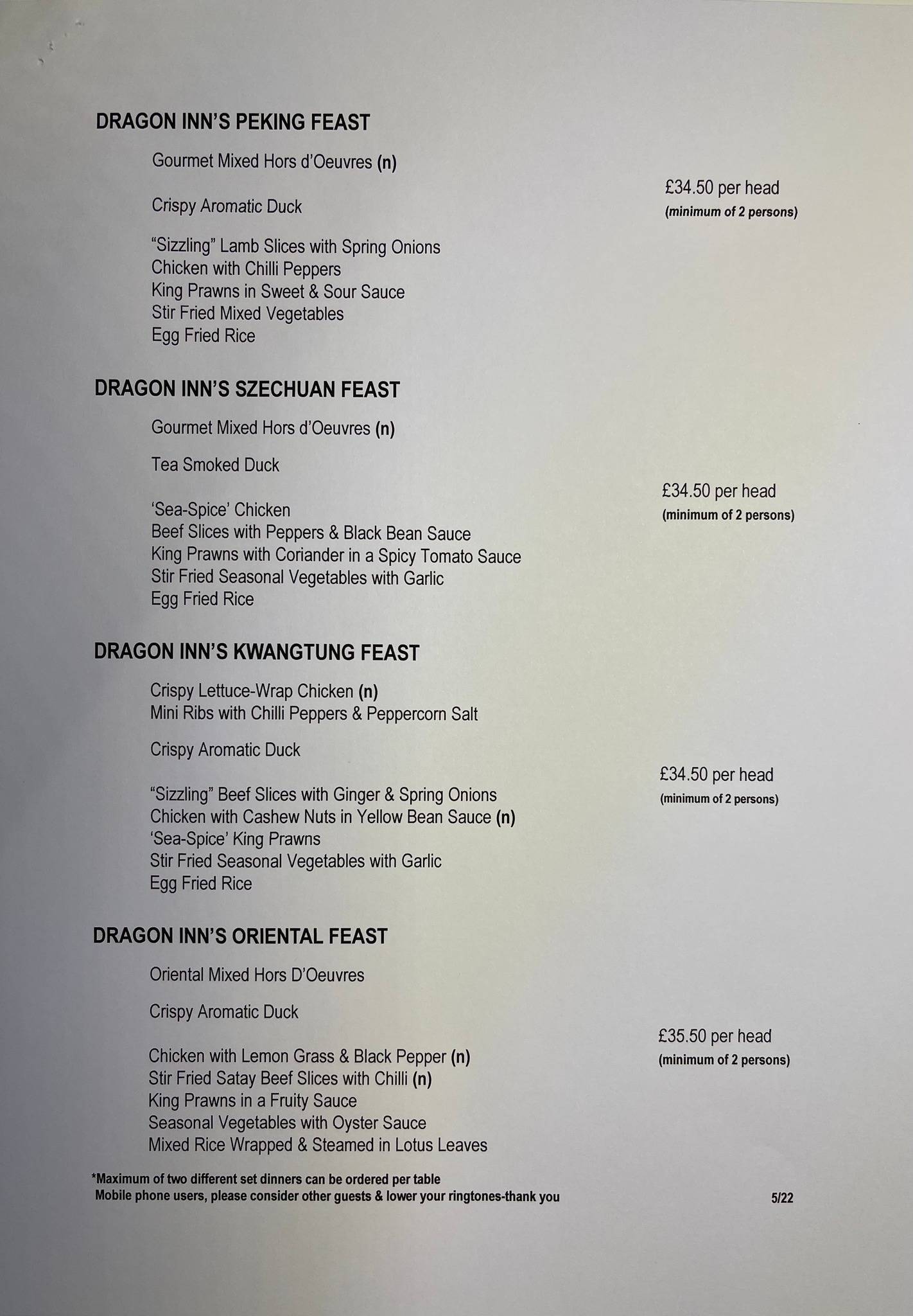 Menu at The Dragon Inn restaurant, Richmond, 130 Sheen Rd