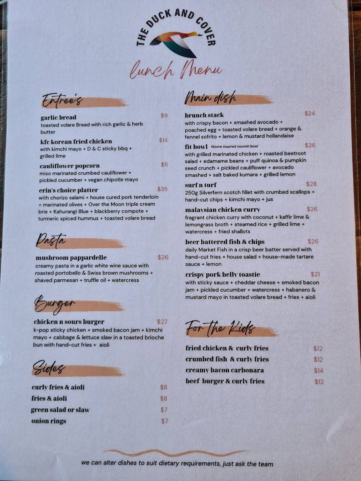 Menu at The Duck and Cover pub & bar, Te Aroha