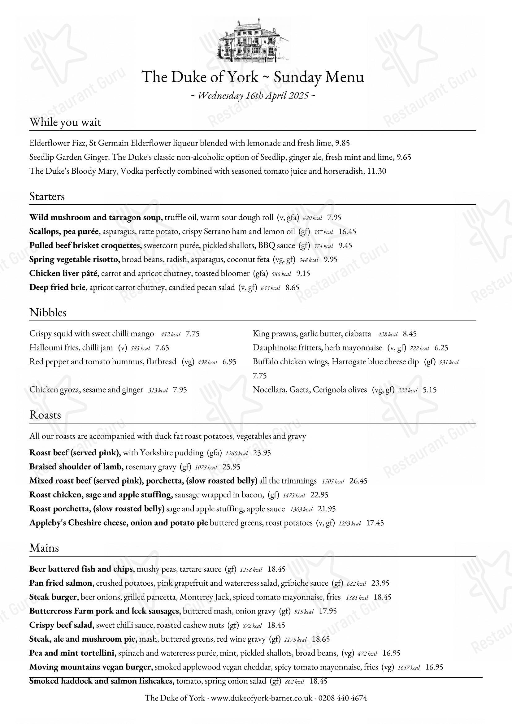 Menu at The Duke of York pub & bar, Barnet, Barnet Rd