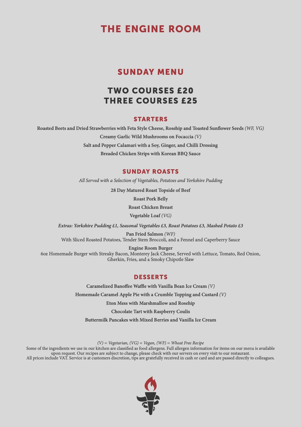 Menu at The Engine Room restaurant, Sunderland