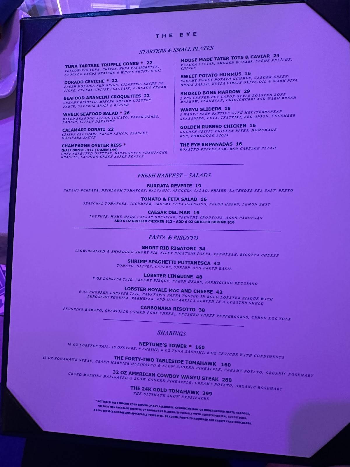 Menu at The Eye Restaurant Lounge, Orlando