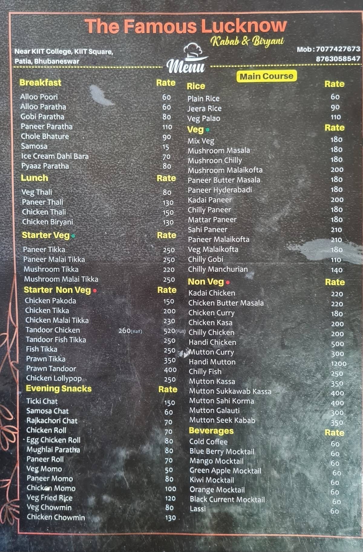 Menu at The Famous Lucknow Kabab and Biriyani, Bhubaneswar
