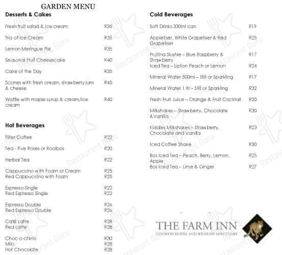 Menu at The Farm Inn Restaurant, Pretoria