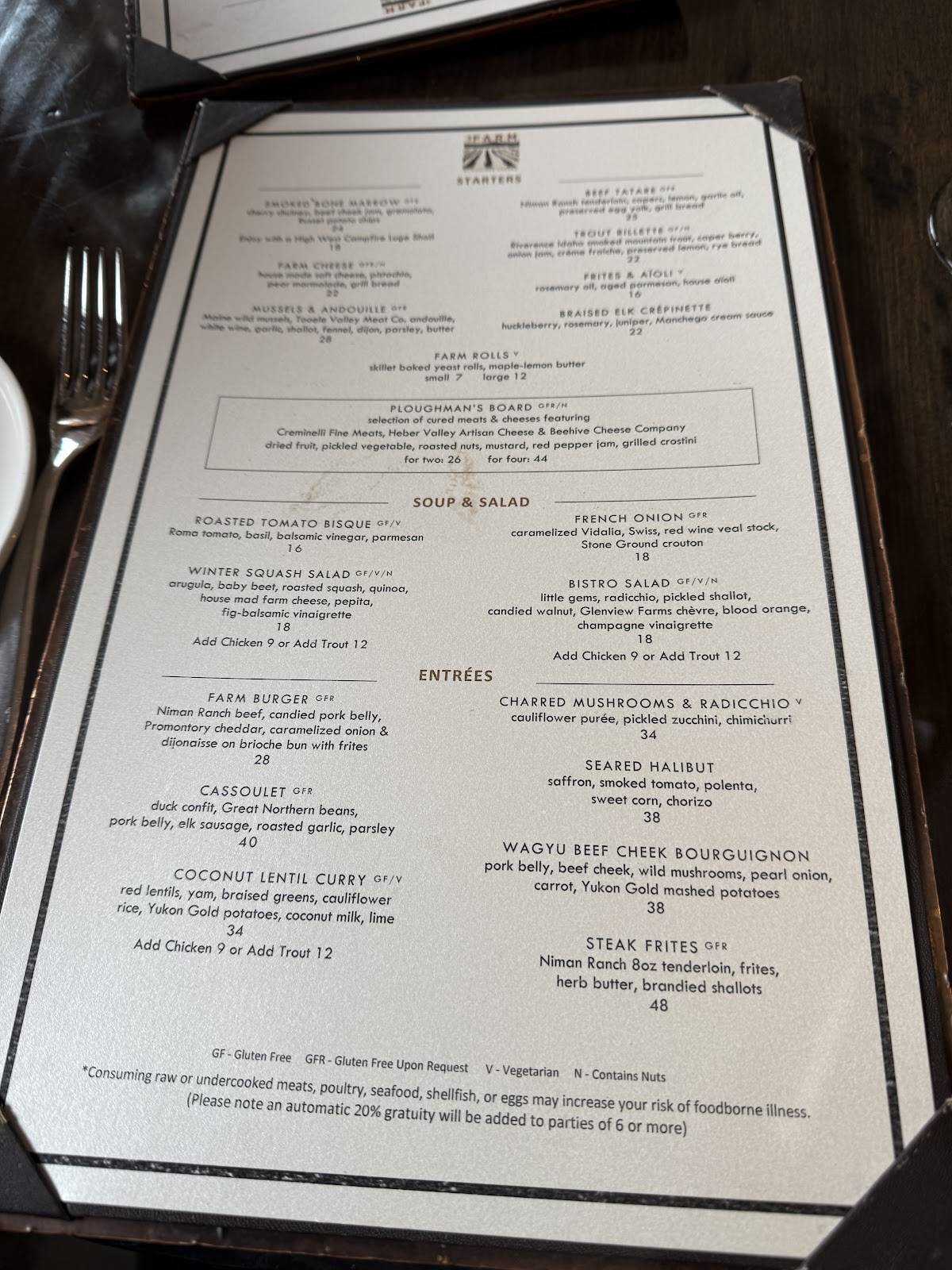 Menu at The Farm Restaurant, Park City