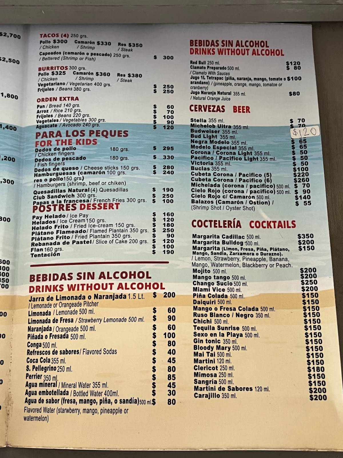 Menu at The Fat Boy Seafood restaurant, Bucerías