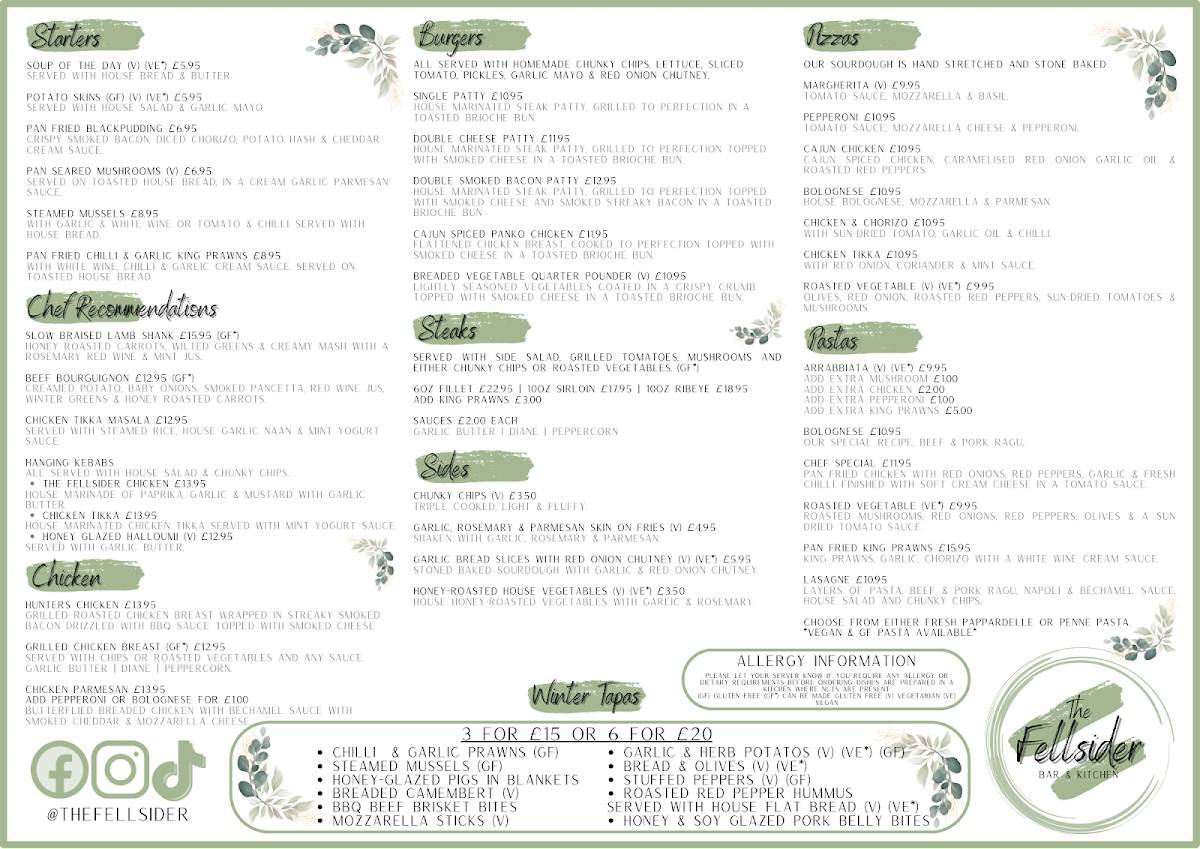 Menu at The Fellsider pub & bar, Gateshead