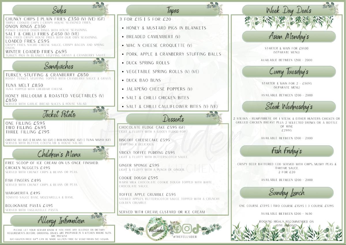 Menu at The Fellsider pub & bar, Gateshead
