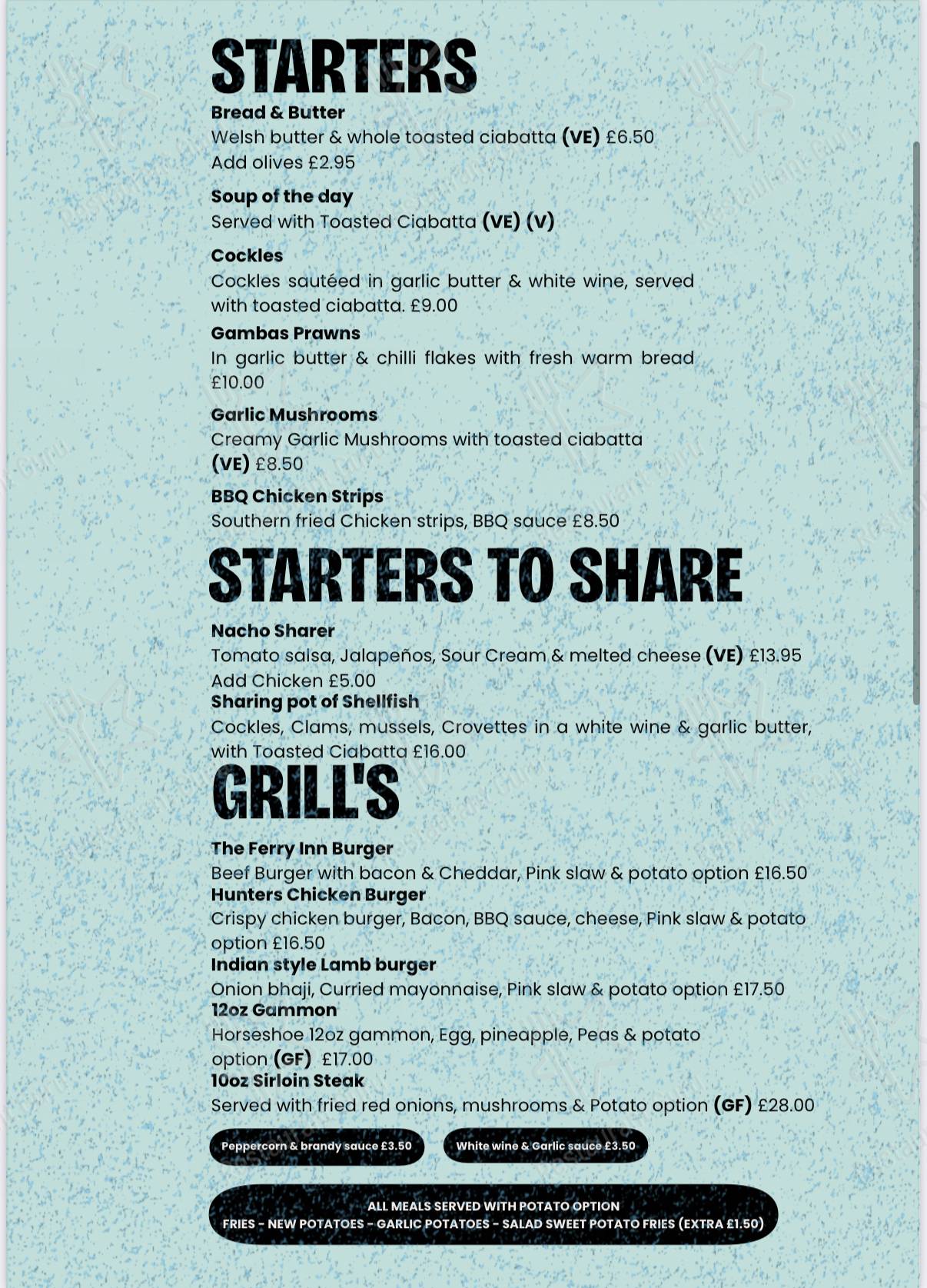 Menu at The Ferry Inn Cleddau, Pembroke Dock, Pembroke Ferry, Neyland
