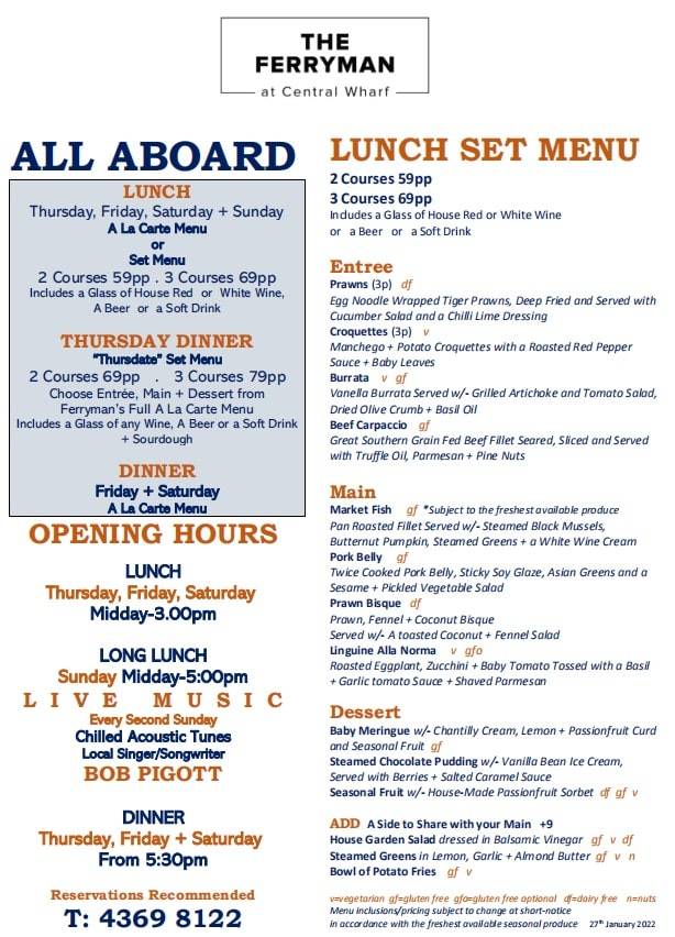 Menu at The Ferryman restaurant, Davistown