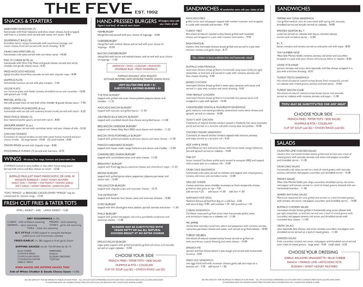 Menu at The Feve - Oberlin, OH pub & bar, Oberlin