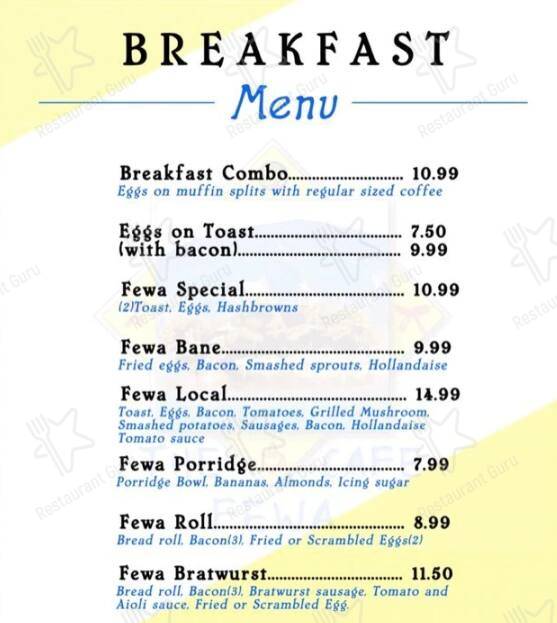 Menu at The Fewa Cafe, Wellington