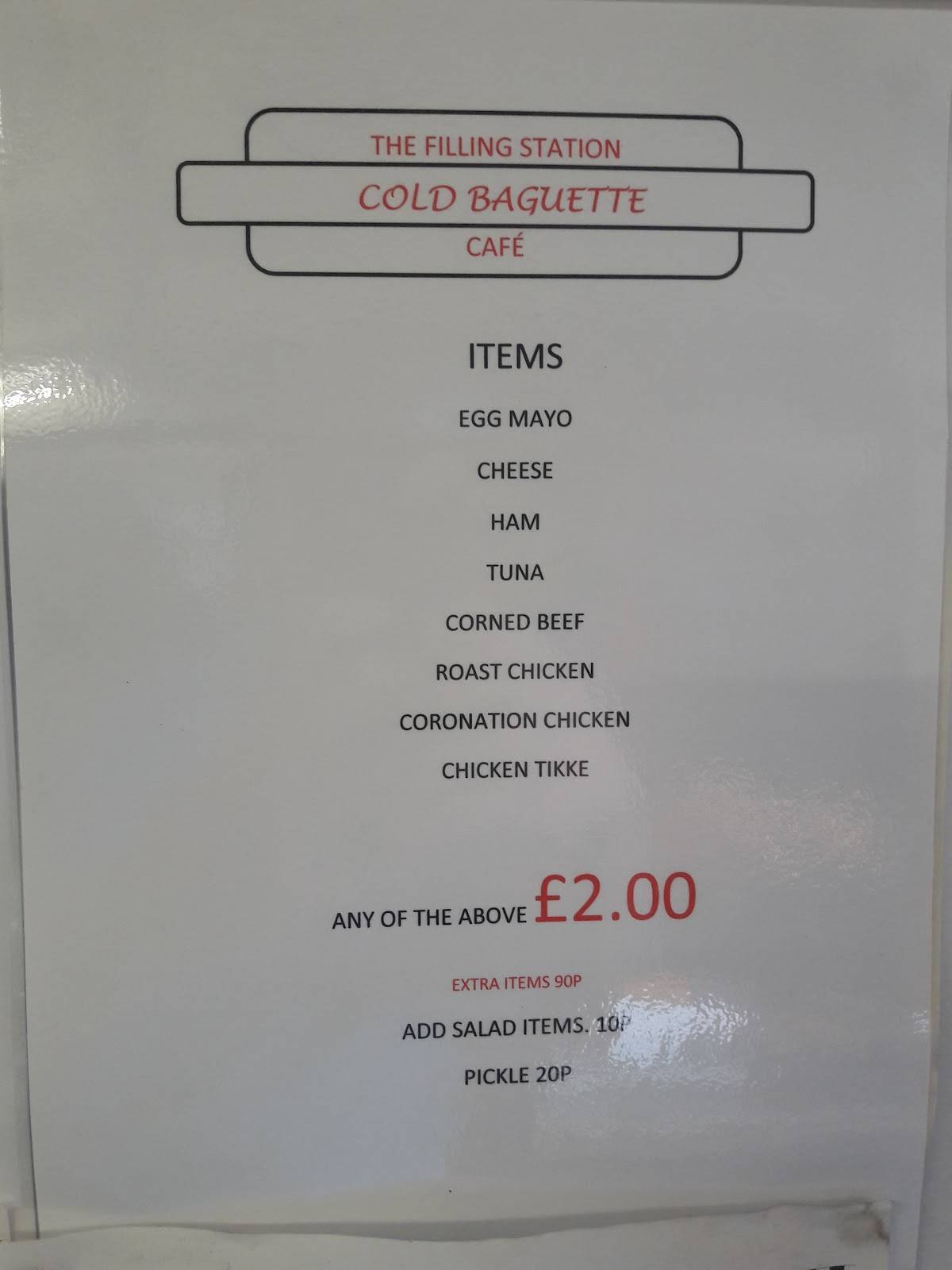 Menu at The Filling Station cafe, Malvern