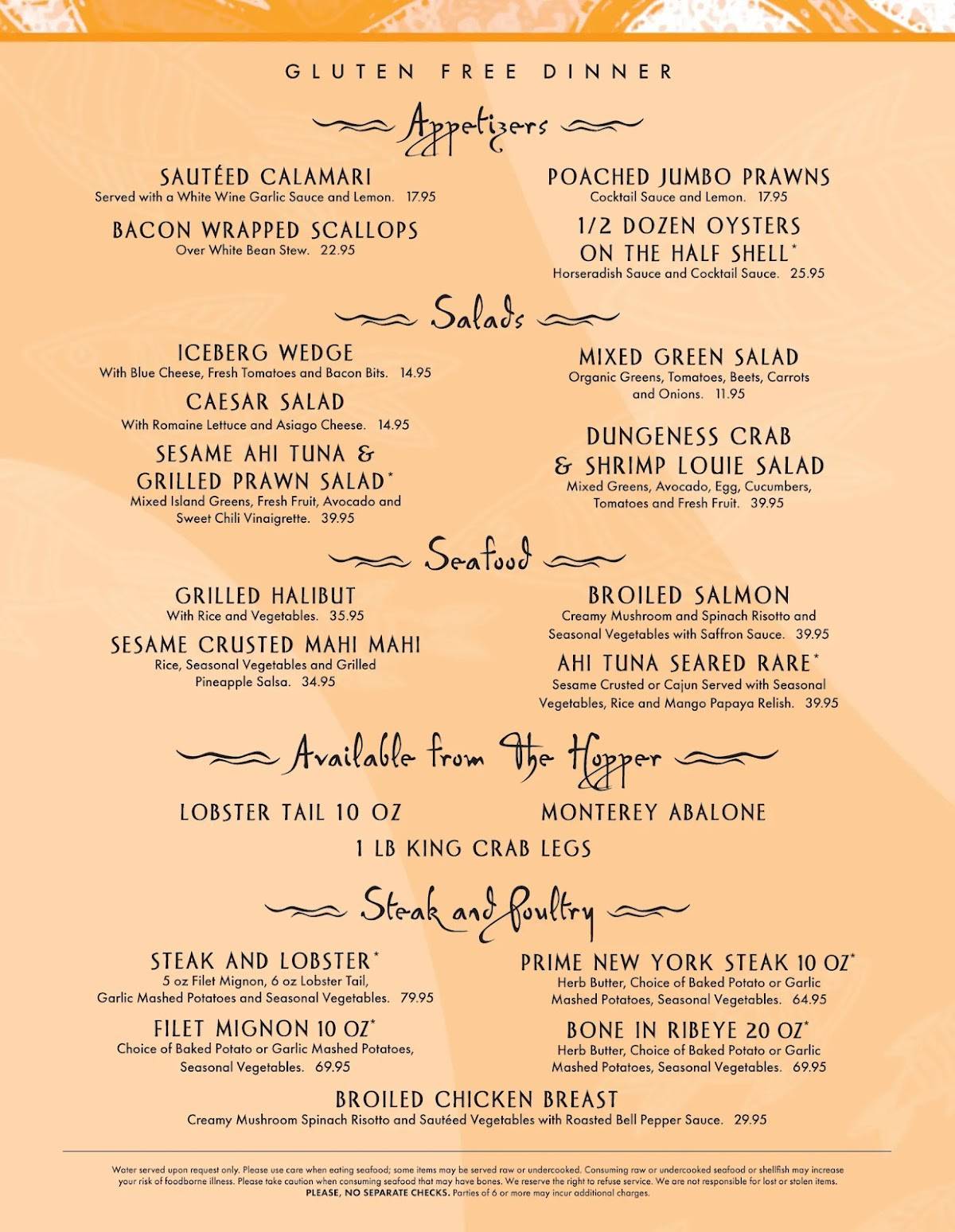 Menu at Fish Hopper steakhouse, Monterey