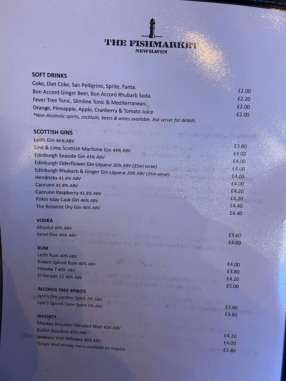 Menu at The Fishmarket restaurant, Edinburgh, Harbour