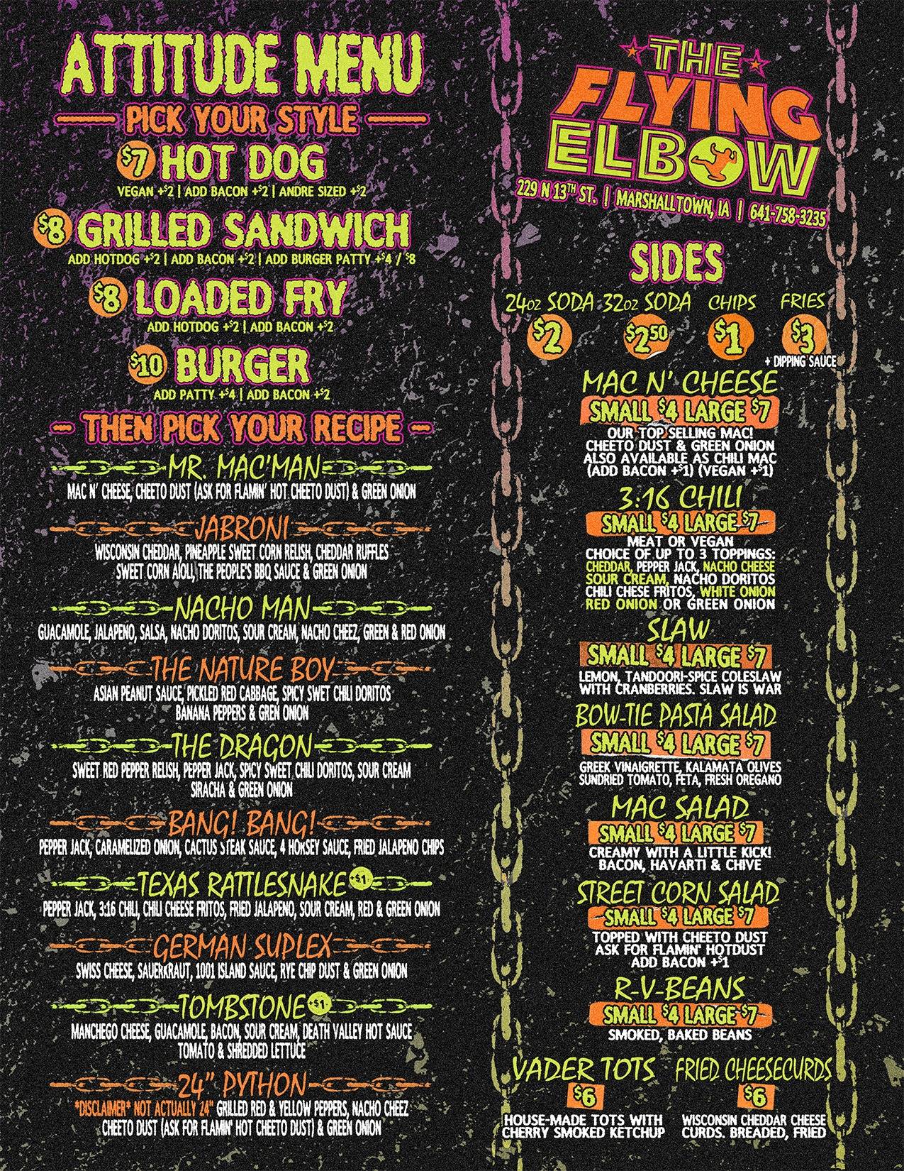 Menu at The Flying Elbow restaurant, Marshalltown, 229 N 13th St