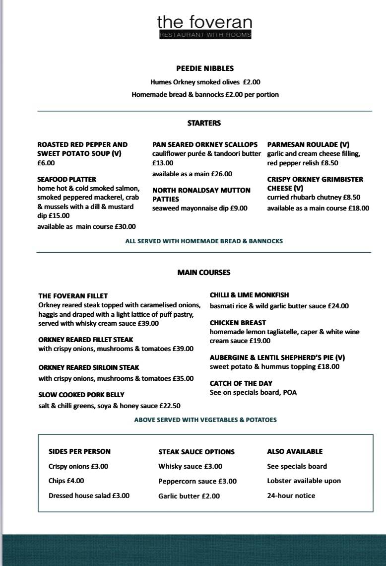 Menu at The Foveran restaurant, Kirkwall
