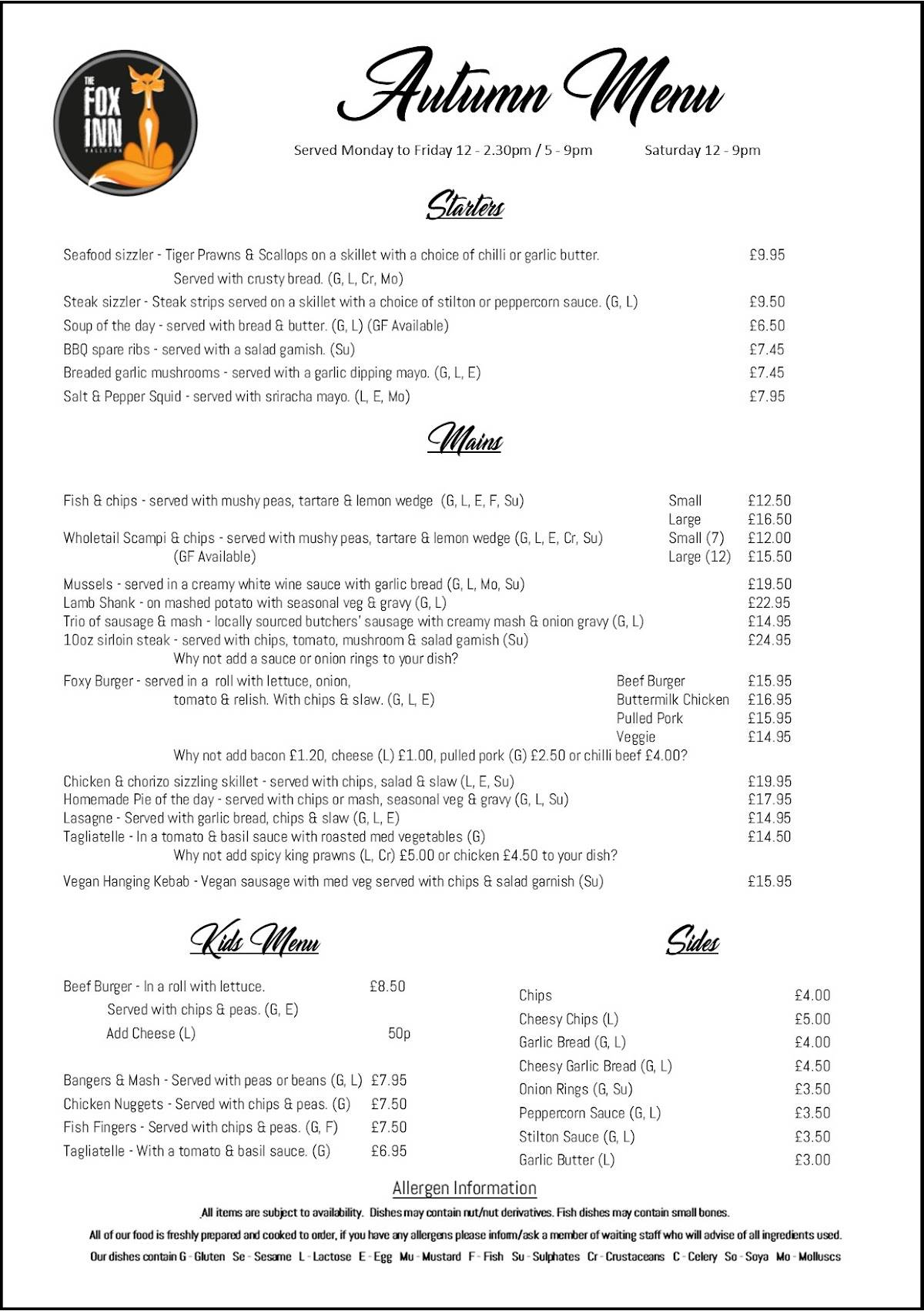 Menu at The Fox Inn pub & bar, Hallaton, 30 N End