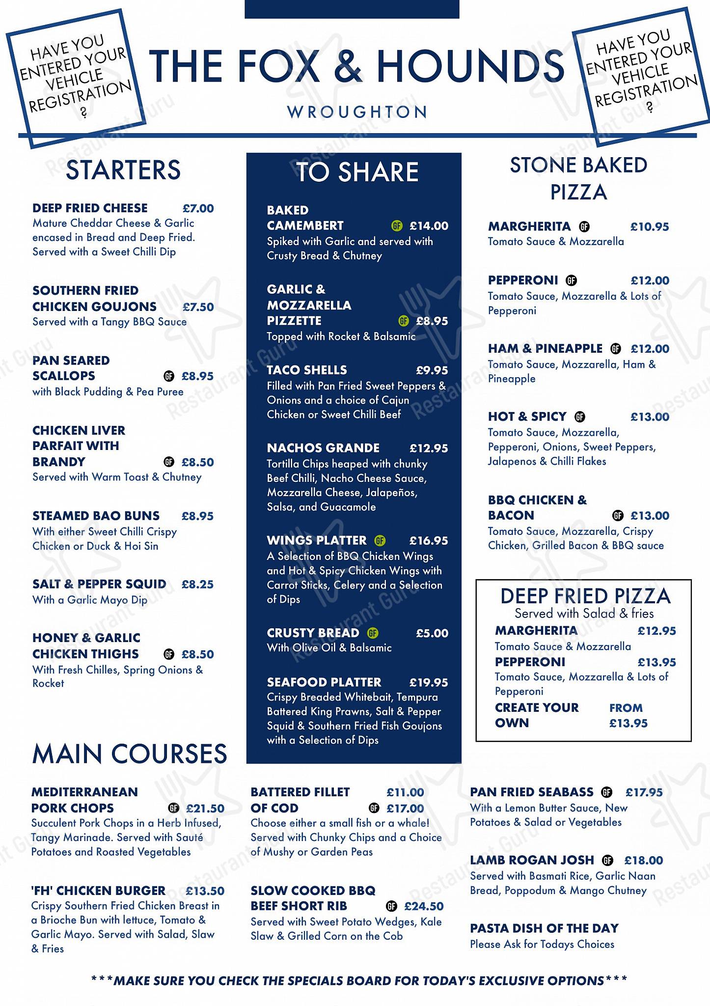 Menu at The Fox & Hounds pub & bar, Swindon, Markham Road