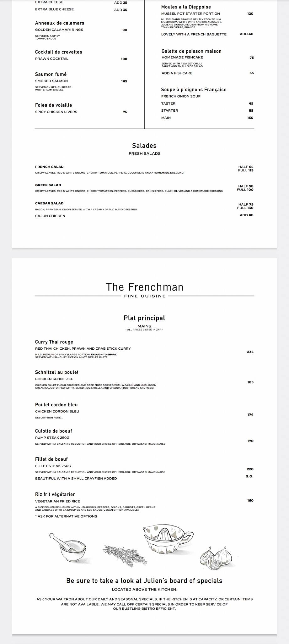 Menu at The Frenchman restaurant, Scottburgh
