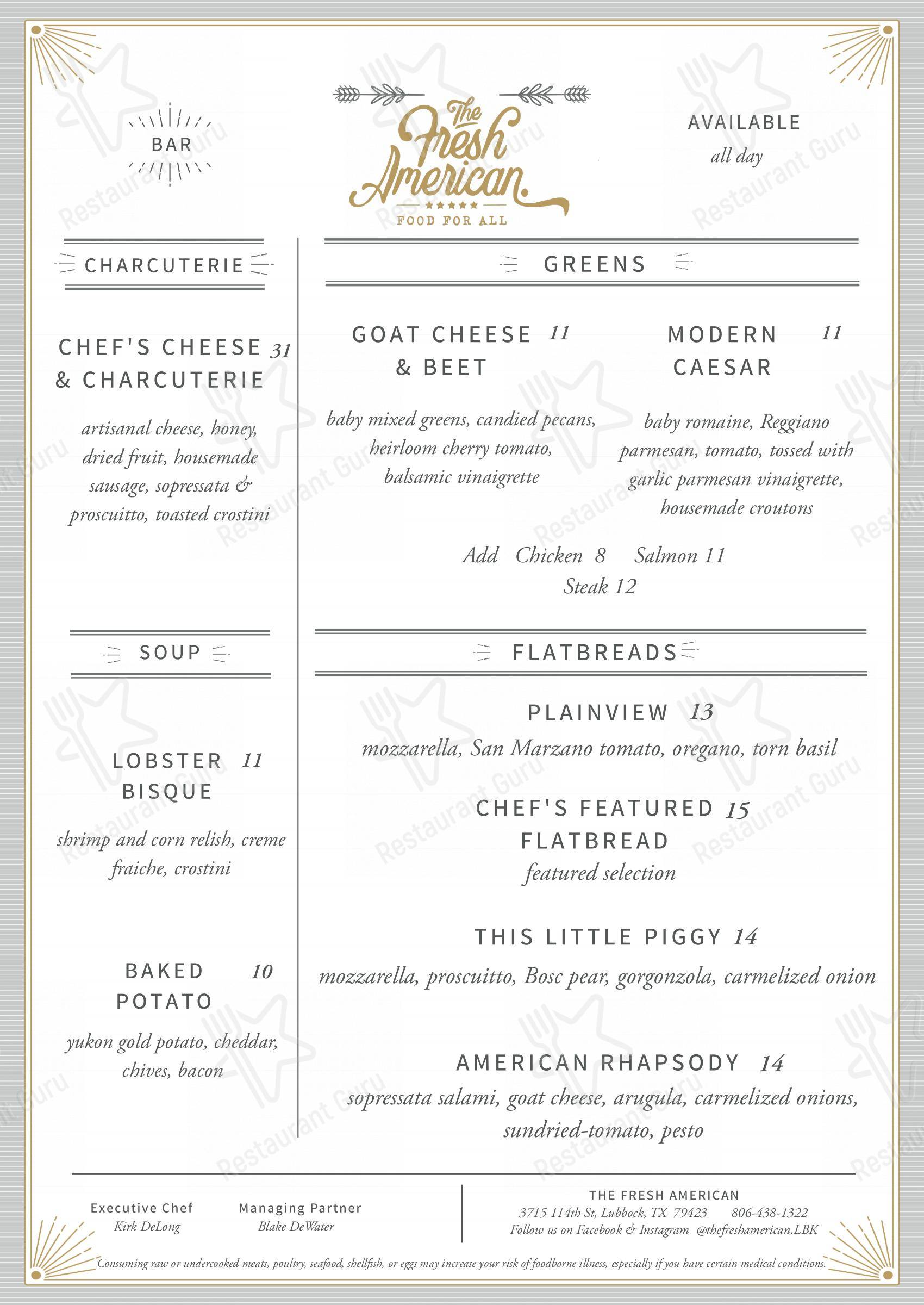 Menu at The Fresh American restaurant, Lubbock