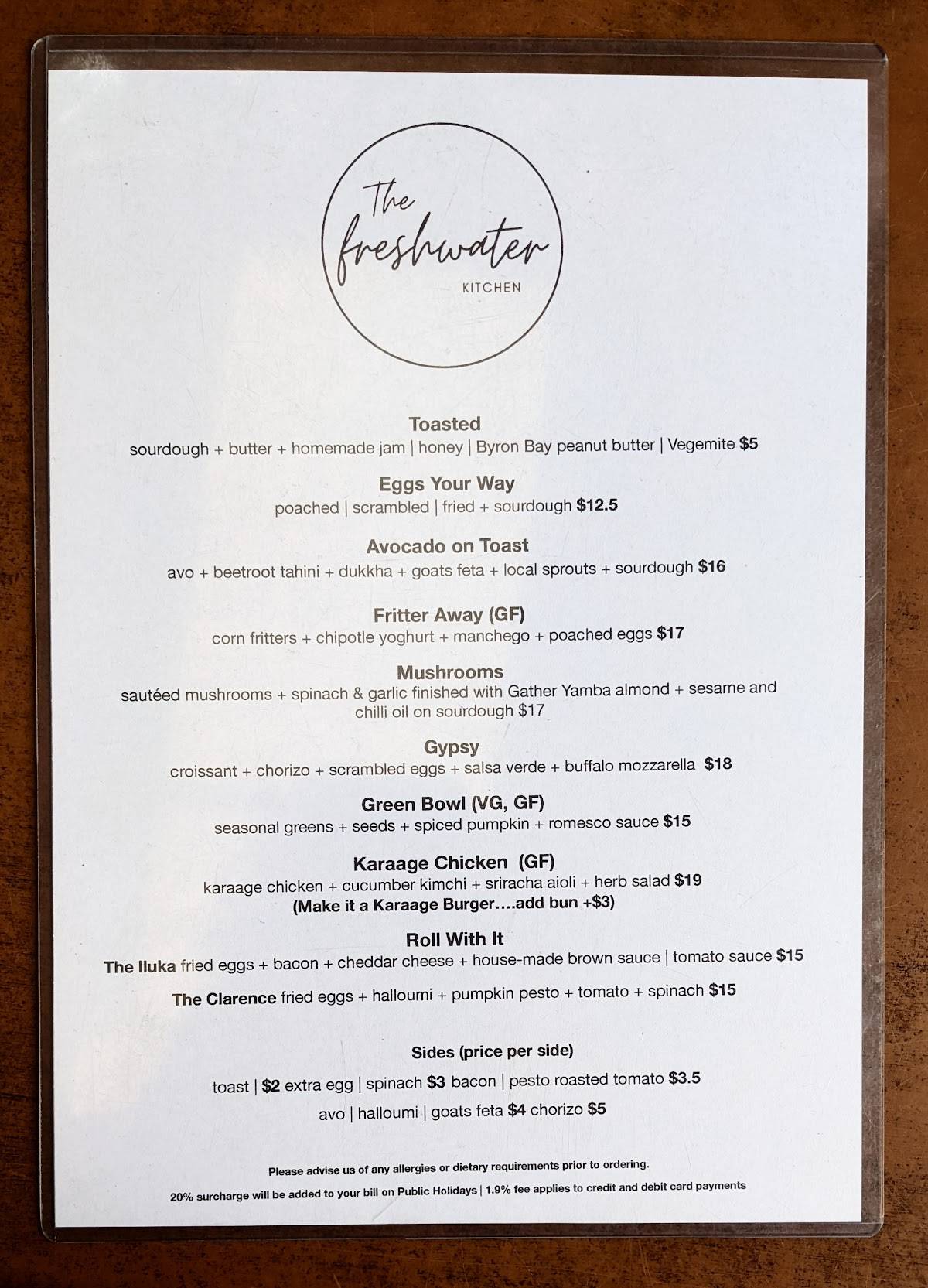 Menu at The Freshwater Kitchen cafe, Iluka