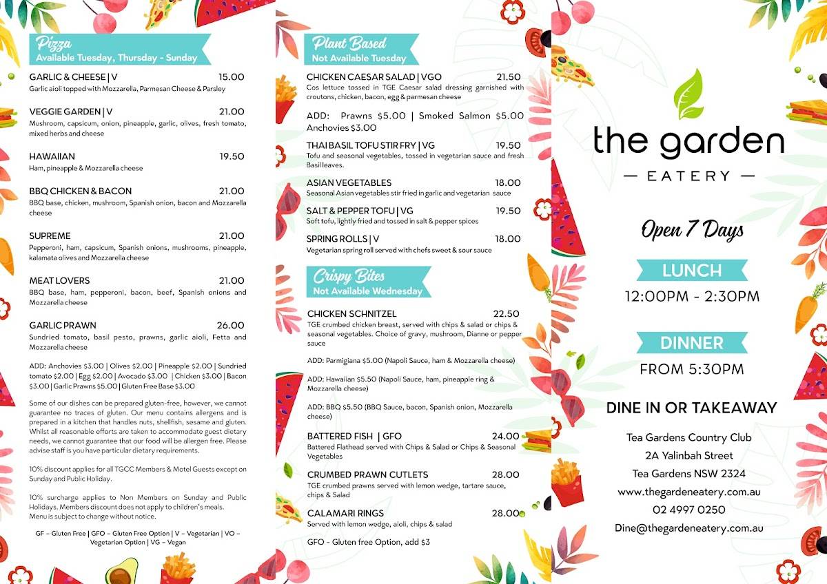 Menu at The Garden Eatery cafe, Tea Gardens